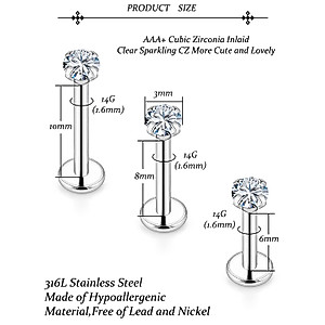 Vsnnsns 14G Lip Rings Stainless Steel Labret Jewelry Monroe Lip Rings Nail Cartilage Tragus Helix Earrings Studs Piercing Jewelry Medusa Piercing Jewelry For Women Men 14 Gauge Earrings 3MM CZ Silver