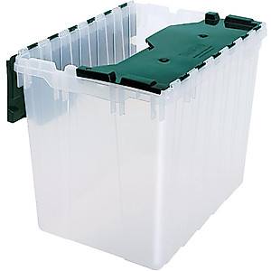 Akro-Mils 66497 18 Gallon Plastic Stackable Storage KeepBox Tote Container with Hinged Attached Lid, 21-Inch L x 15-Inch W x 17-Inch H, Clear/Green