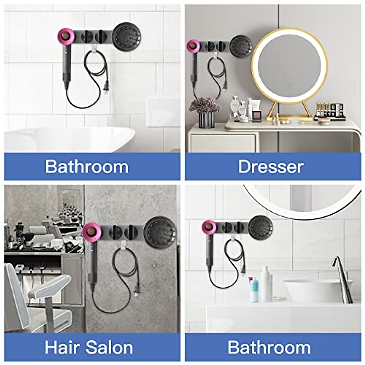 SINGSUO Hair Dryer Holder for Dyson, Wall Mount Blow Dryer Holder for Dyson, Magnetic Hair Dryer Wall Bracket, Hair Dryer Hanger, Hair Dryer Organizer for Dyson (Large, Gray)