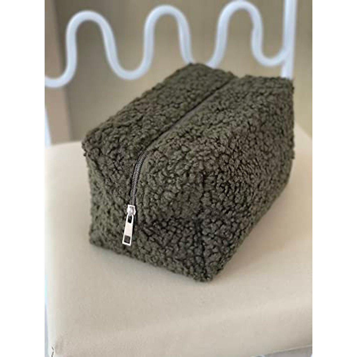 Boucle Cosmetics Toiletry Makeup Bag Large Aesthetic Makeup Travel Accessories Gift Idea (Olive Green Boucle)