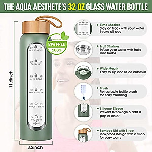 Aqulea 32 Oz Borosilicate Glass Water Bottle with Times to Drink | BPA Free - Reusable Wide Mouth Motivational Water Bottles with Infuser & Silicone Sleeve with Time Marker