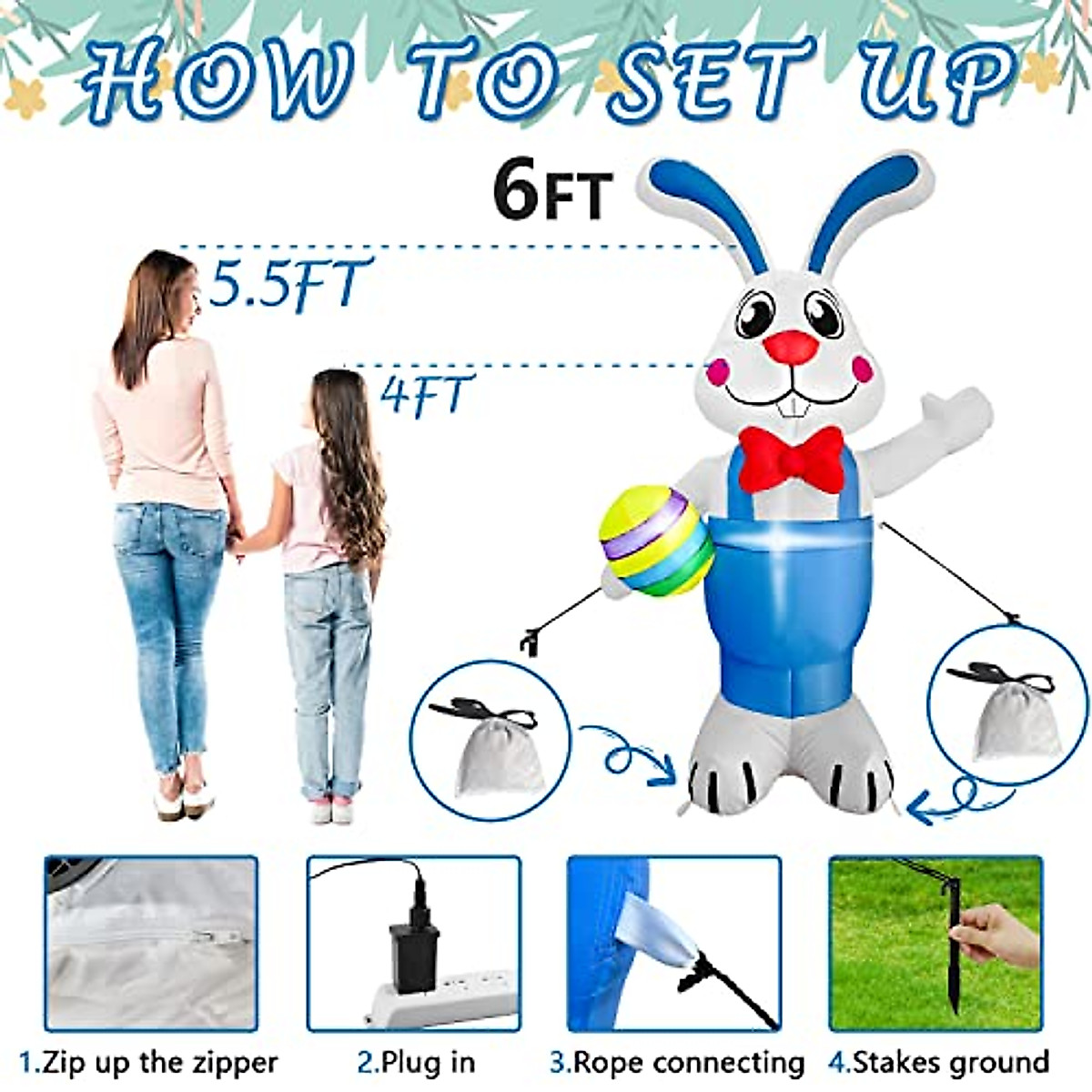 BRDJade 6FT Easter Inflatables Outdoor Decorations, Easter Bunny Holding Egg with LED Lights Easter Blow Up Yard Decorations Indoor Outdoor Holiday Party, Garden, Lawn Decor