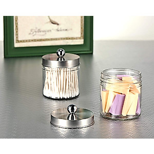 Bathroom Vanity Glass Storage Organizer Holder Canister Apothecary Jars for Cotton Swabs, Rounds, Balls, Qtips,Makeup Sponges, Flossers,Bath Salts - 2 Pack, Clear (Brushed Nickel)
