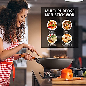 Carbon Steel Wok, 9 Pcs Wok Pan with Glass Lid & Handle Stir-Fry Pans 12.8" Chinese Wok Flat Bottom Wok with Cookware Accessories Suitabe for all Stoves (Black)