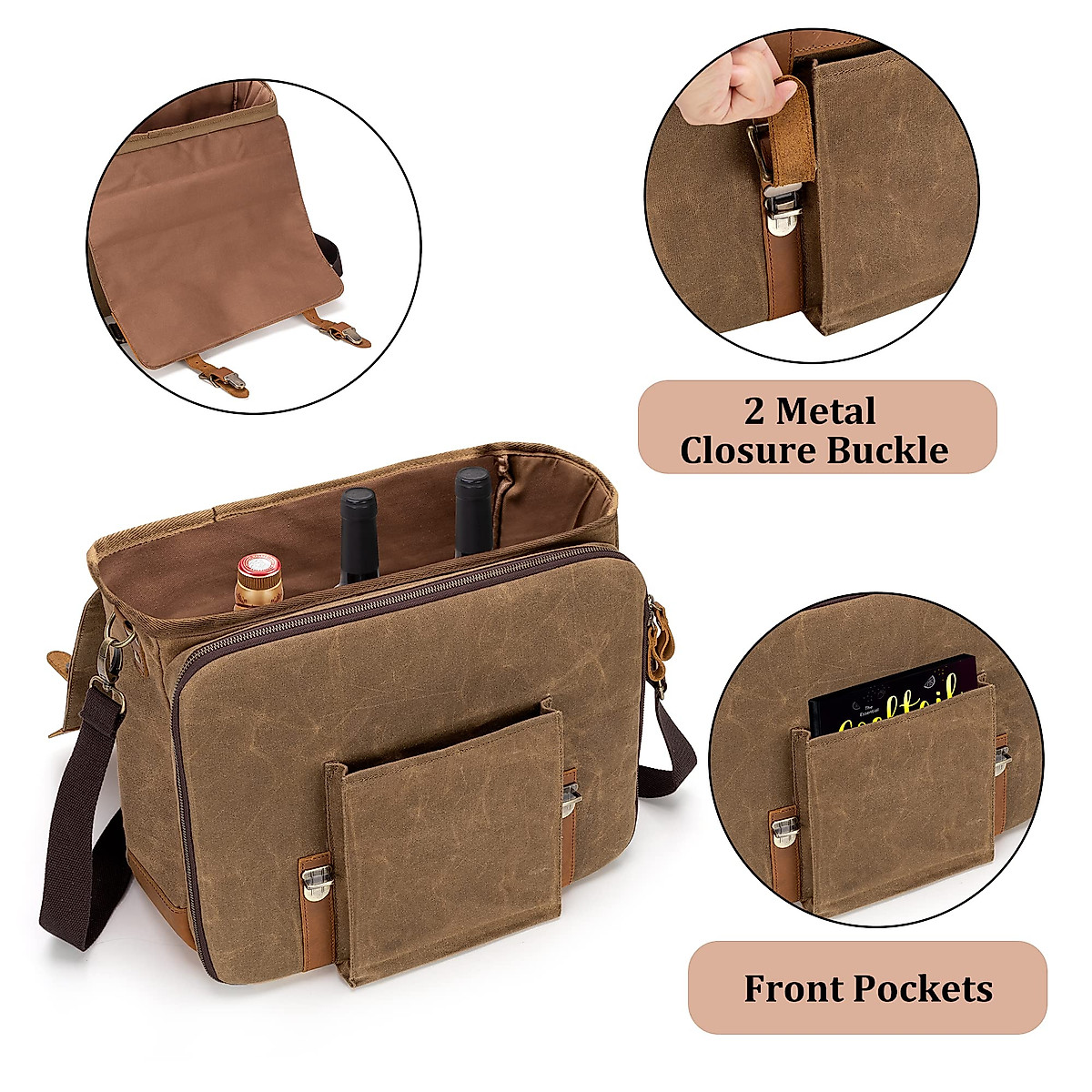 LoDrid Portable Bartender Bag for Bar Kits, Vintage Genuine Leather Waxed Canvas Travel Bar Case with Thick Inner Dividers and Adjustable Shoulder Strap for Cocktail Making, Bag Only,(Patent Design)