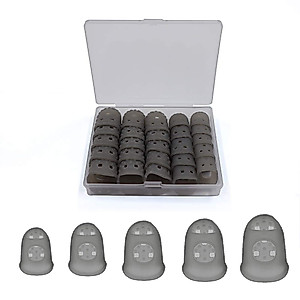 5 Sizes Guitar Fingertip Protector With Compact Box, Premium Silicone Guitar Finger Guards, Non-Slip Breathable Fingertip Protection Covers Caps for Guitar, Sewing, String Instruments (Grey)