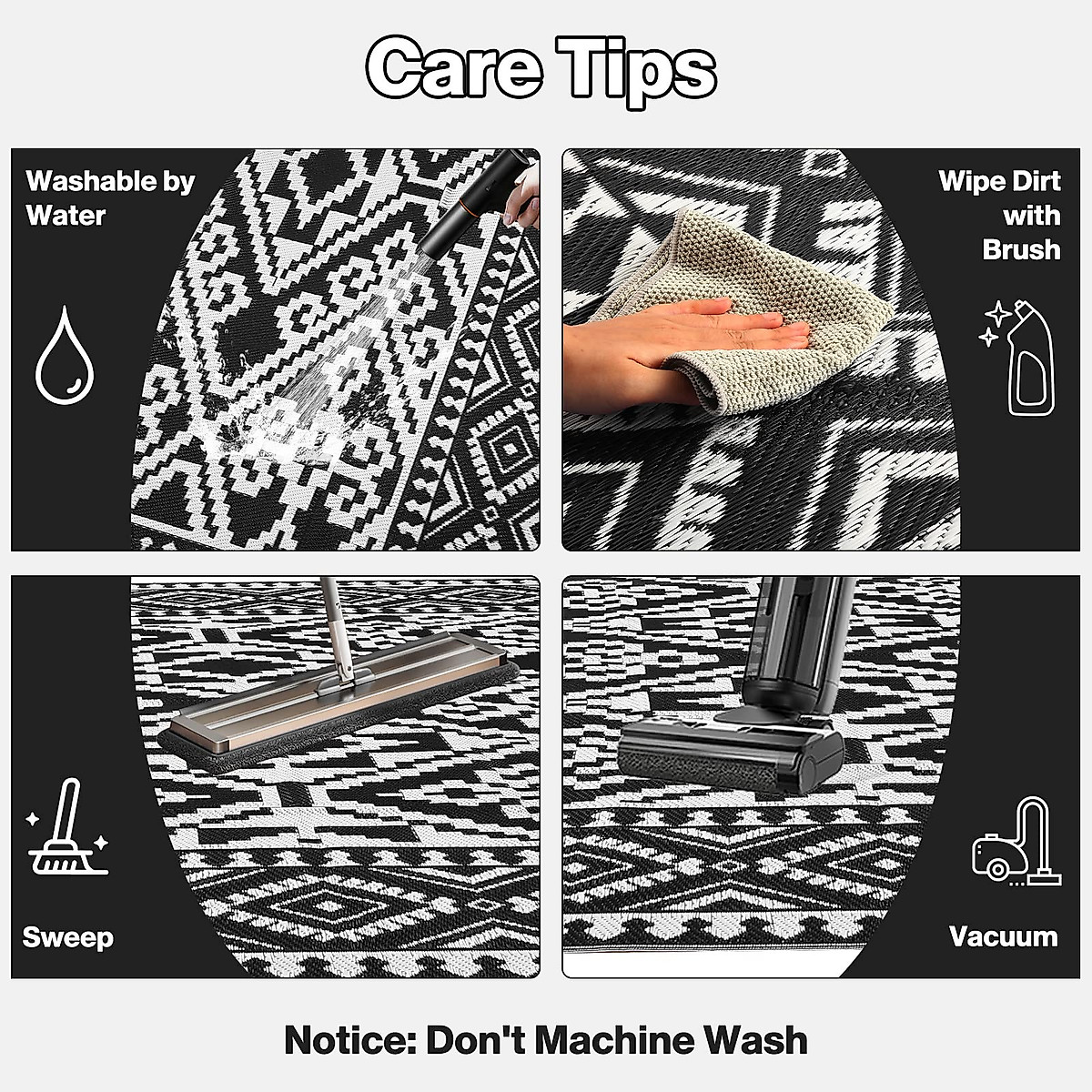 Rugcomf Outdoor Rug 8x10, Outdoor Patio Rug Waterproof for Outside Your Rv, Outside, Camping, Deck, Porch, Balcony, Backyard, Picnic Black and White