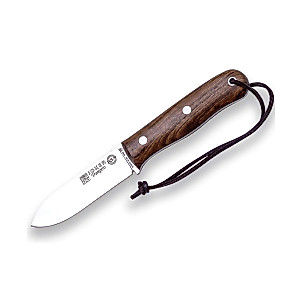 Joker Hunting Knife CN113 Trampero, Walnut Wood Handle, Brown Leather Sheath, 3.94 inches Blade Sandvik Steel 14c28n, Tool for Fishing, Hunting, Camping and Hiking