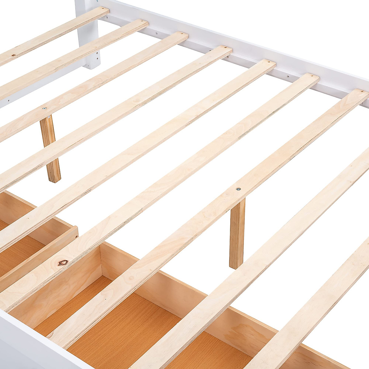FANYE Queen Size Soild Wood Platform Bed Wooden Bedframe with Two Storage Drawers and Wood Slat Support, White+Walnut