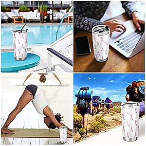 20oz Tumbler Bottle with Lid and Straw Pink Ribbon Pattern National Breast Insulated Coffee Ice Cup Vacuum Stainless Steel Shaker Bottle Travel Mug Water Cup Gifts