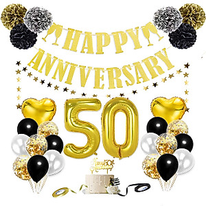 50th Anniversary Decorations, Happy 50th Wedding Anniversary Decorations with Banner, Cake Topper, Huge Number Letter, Star Hanging, Paper pom poms, Balloons for Happy 50th Anniversary Decorations