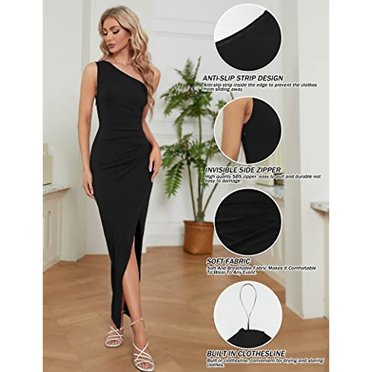 Sarin Mathews Womens One Shoulder Long Formal Dress Sexy Summer Sleeveless Bodycon Ruched Wrap Split Cocktail Dresses Black L