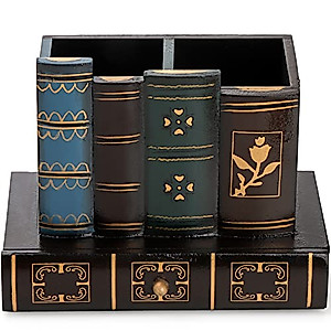 Tosnail Decorative Pen Holder with Storage Drawer, Wooden Pencil Holder and Organizer, Antique Library Books Design Pen Cup Caddy for Office Supplies, Countertop, Desk, Table