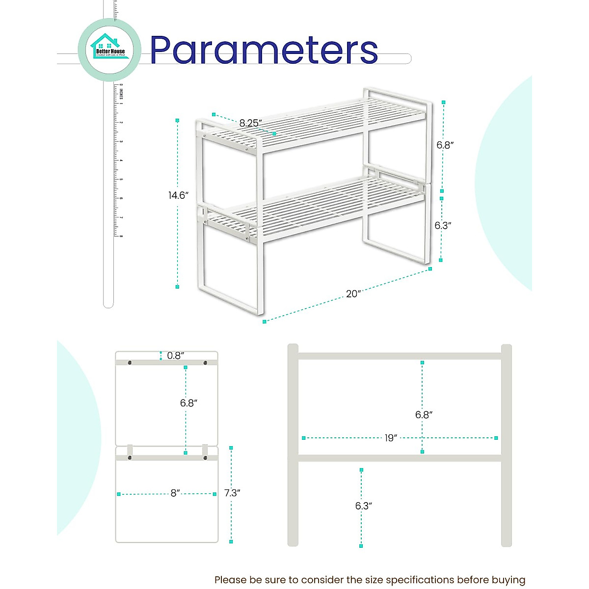 2 Pack Stackable Kitchen Cabinet Shelf Organizer Rack – Countertop Storage for Pantry, Bathroom, Office, Space Saving, Rust Resistant, Non-Slip, White, 20" L x 8.25" D x 7.3" H Each, 14.6" H Stacked
