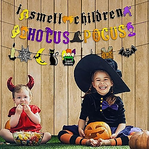 Pre-strung Hocus Pocus I Smell Children Halloween Banner, 3 Packs Glitter Halloween Decorations, 3D Witch Bats Home Decor, Halloween Wall Hanging Décor, Party Decoration Supplies Kit
