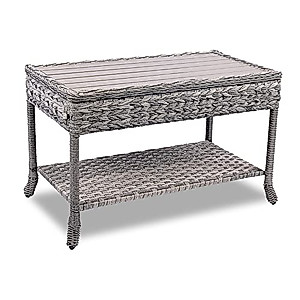 Koruiten Wicker Outdoor Coffee Table with Storage Shelf, All Weather Resin Rattan Patio Coffee Table with Wood Top for Outside Porch Backyard