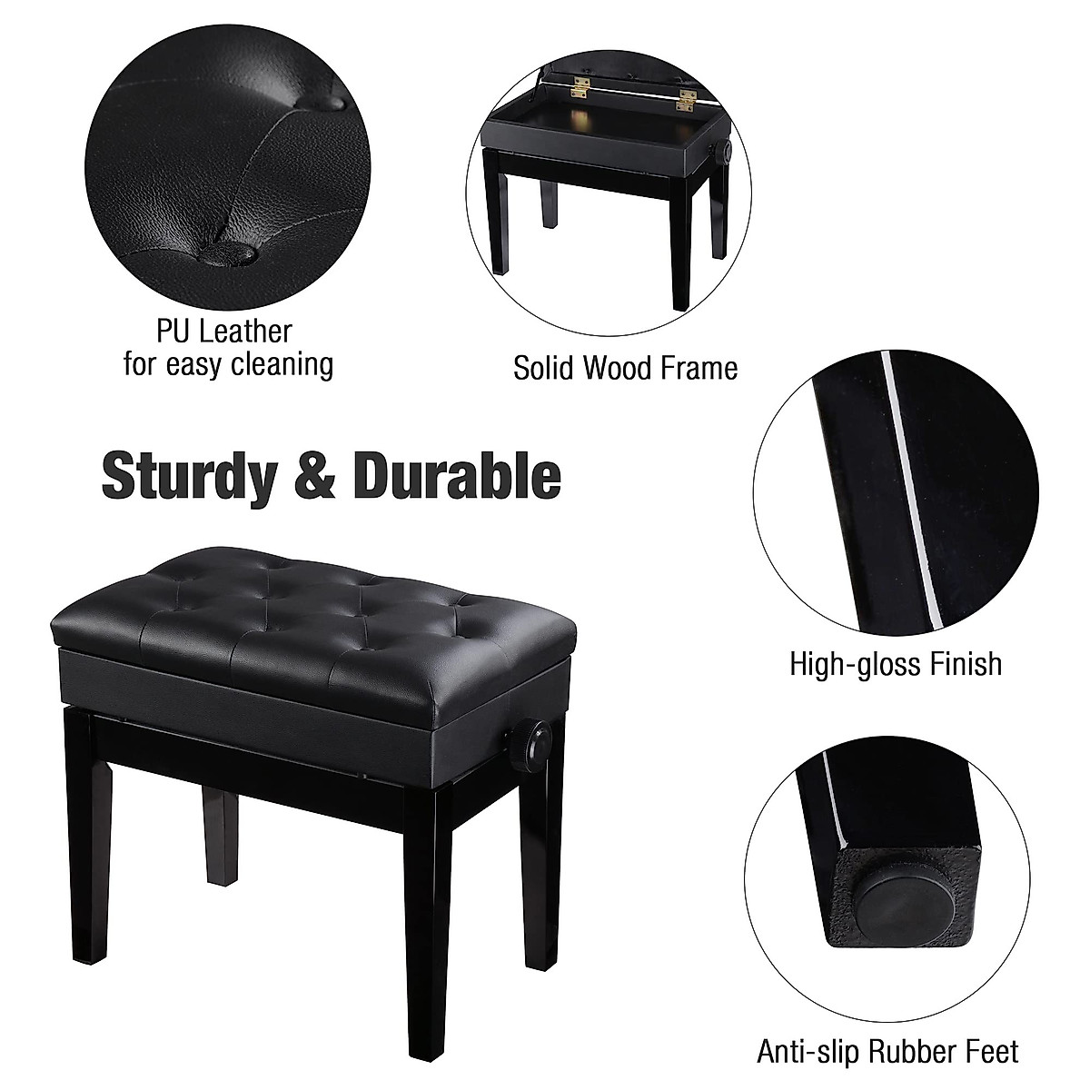 AW Adjustable Height Piano Bench Stool PU Leather Wooden Keyboard Seat with Music Storage Weight Capacity 400lbs Black