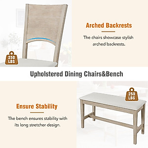 Wood Half Round Dining Table Set, Modern 6-Piece Kitchen Table Set with Long Bench and 4 Dining Chairs, Padded Chairs & Bench Set of 6, Half Round Legs Dining Table (Natural+beige,Half Round Legs)