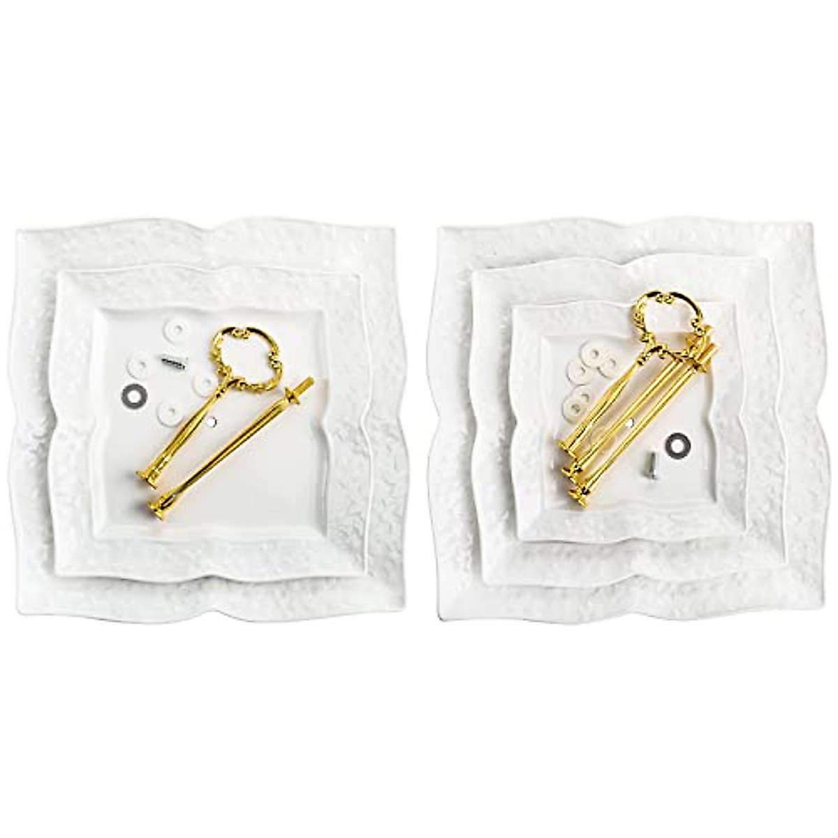 ZEAYEA Set of 2 Ceramic Cupcake Stand, 3 Tier and 2 Tier Porcelain Tiered Cake Stand, White Embossed Dessert Stand, Pastry Serving Tray for Tea Party, Wedding, Birthday