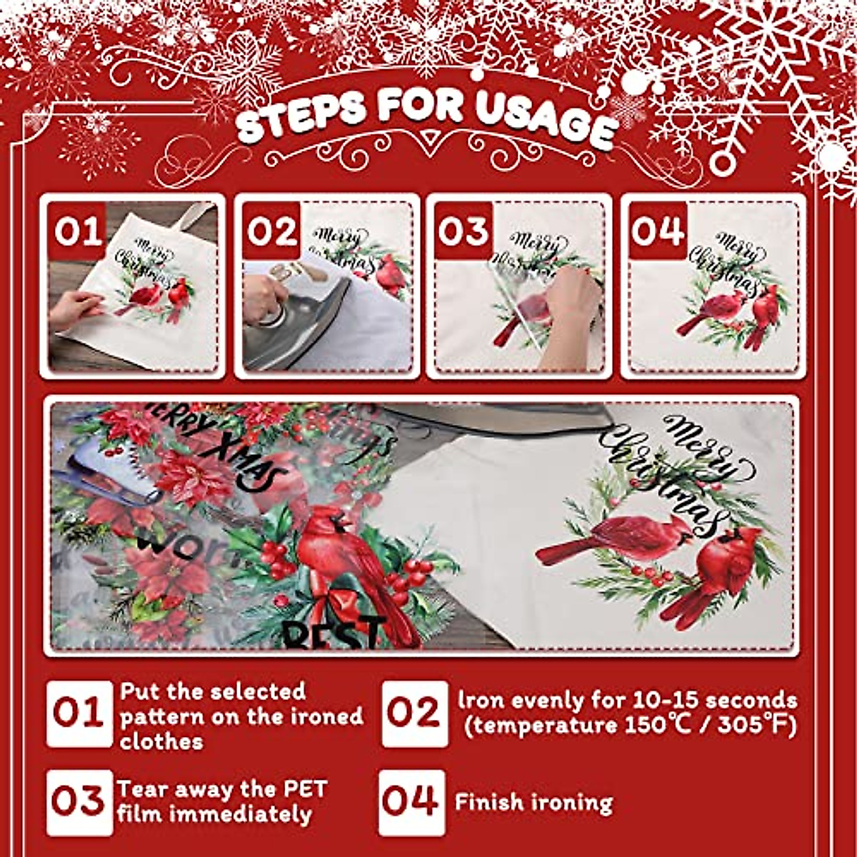 12 Sheets Christmas Iron on Transfers for T-Shirts Cardinal Iron on Decals Poinsettia Elk Candles Letter Tree Pattern Applique Stickers Wreath Heat Transfer Paper Stickers for DIY Xmas Clothing