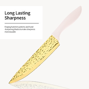 Kitchen Knife Set Non Stick Knives Set with Block Cutlery Knife Block Sets, Serrated Steak Knife, Scissors and Sharpener, 15Pcs Stainless Steel Chef Sharp Quality with Gold Blade for Home & Pro Use