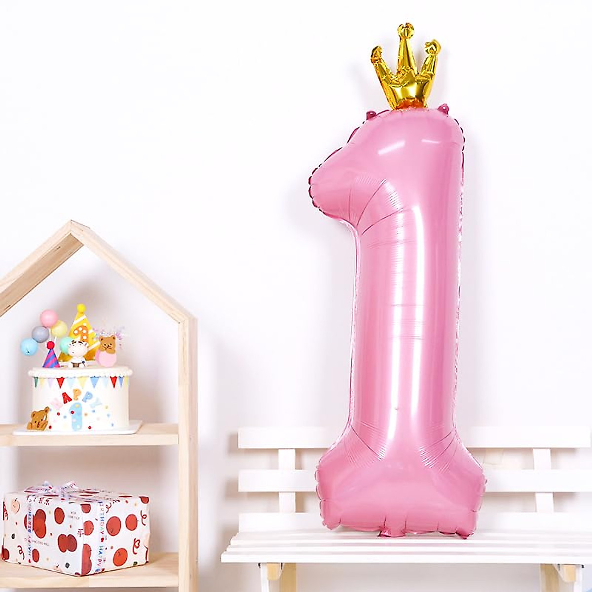 40 Inch Crown Pink Number 1 Balloon, Big Conjoined Baby Pink Foil Mylar Helium 1 Balloon | Girls 1st Birthday Balloon Pink Princess Theme Baby Shower First Birthday Party Decorations Supplies