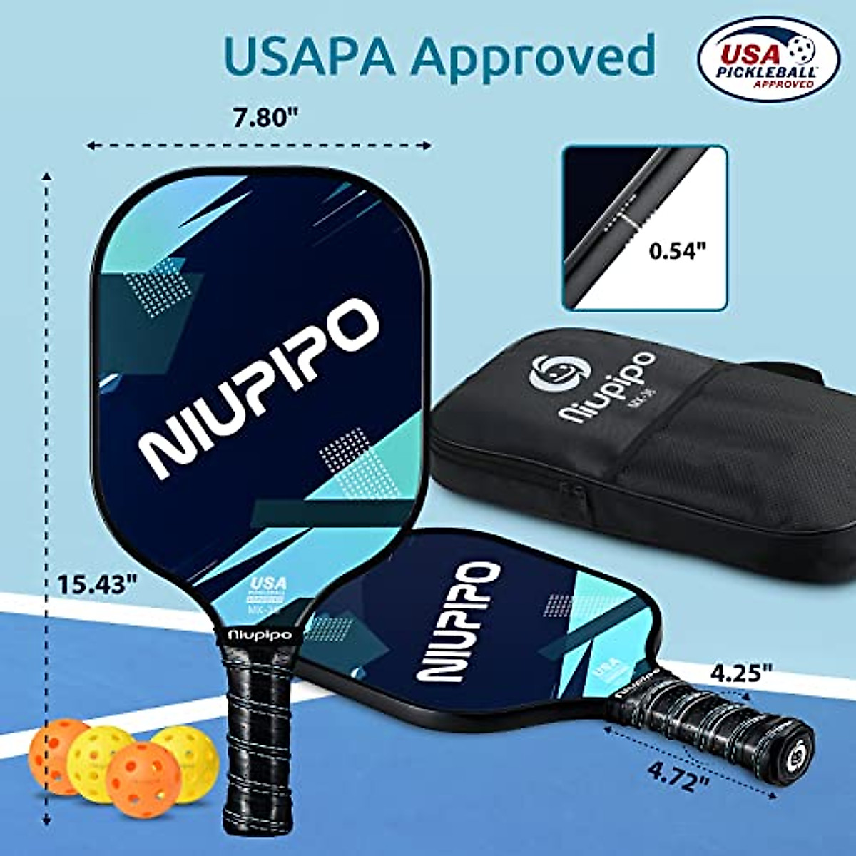 niupipo Pickleball Paddles, Lightweight Pickleball Paddles Set of 2 w/Fiberglass Surface, Polypropylene Honeycomb Core, Cushion Grip, 4 Balls for Outdoor & Indoor Play, USA Pickleball Approved