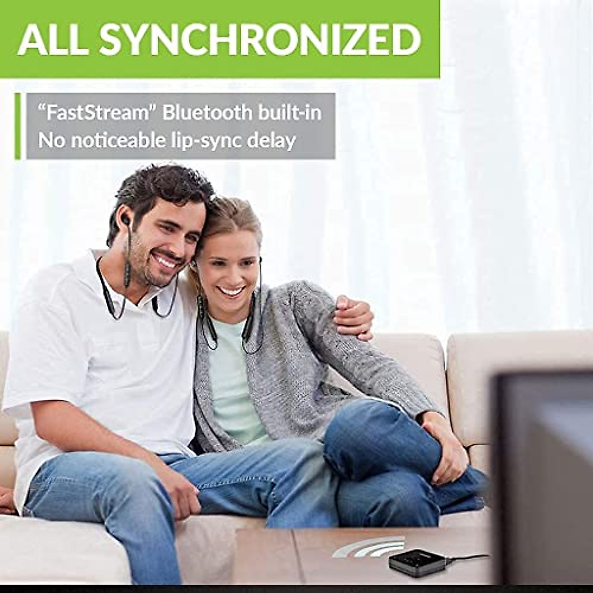 Avantree HT4186 & HS910, Bundle - Wireless Earbuds for TV Watching with Bluetooth Transmitter, No Audio Delay, Plug n Play & Neckband Headphone Holder Stand on Desk