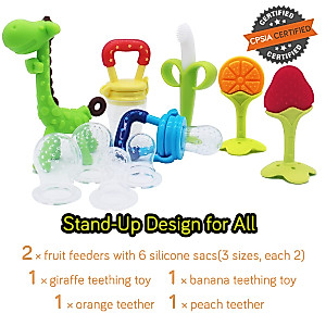 Stand-Up Teething Toys for Babies 0-6 Months 6-12 Months - Teethers with 2 × Baby Fruit Feeders and 4 × Baby Teether - BPA Free/Freezer Free - Different Soft Textures for Infant and Toddlers (Green)