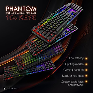 TECWARE Phantom 104 Key Full Size RGB Mechanical Gaming Keyboard with Numpad, LED Backlit, Typewriter Sound, Clicky Switch, Outemu Blue