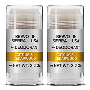 Aluminum-Free Natural Deodorant for Men by Bravo Sierra, 2-Pack - Long Lasting All-Day Odor and Sweat Protection - Citrus and Cedarwood, 3.2 oz - Paraben-Free, Baking Soda Free, Vegan & Cruelty-Free