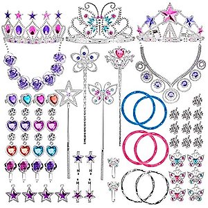 Liberty Imports 50 PCS Princess Jewelry Dress Up Accessories, Pretend Play Set Jewelry Party Favors for Girls Cosplay Party Favors with Crown Wand Ring Earring Necklace
