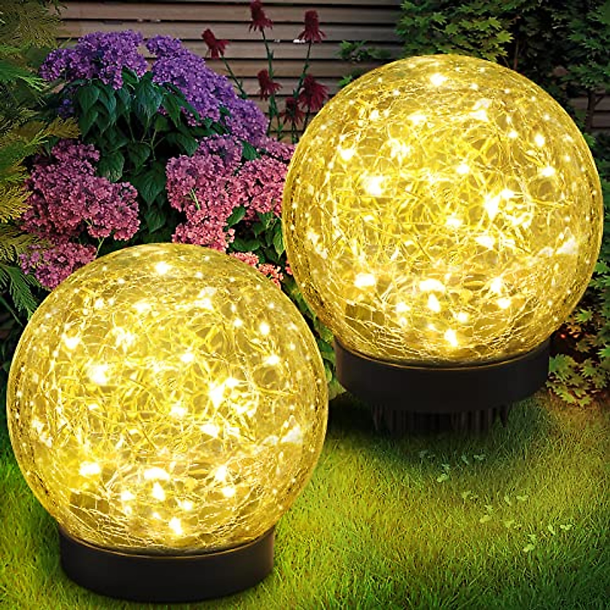 ASOMST 2-Pack Garden Solar Lights Outdoor, Cracked Glass Ball Light Waterproof, Decorative Solar Globe Lights Warm White, LED Solar Powered Ground Lighting for Yard Pathway Patio Lawn Outside Decor