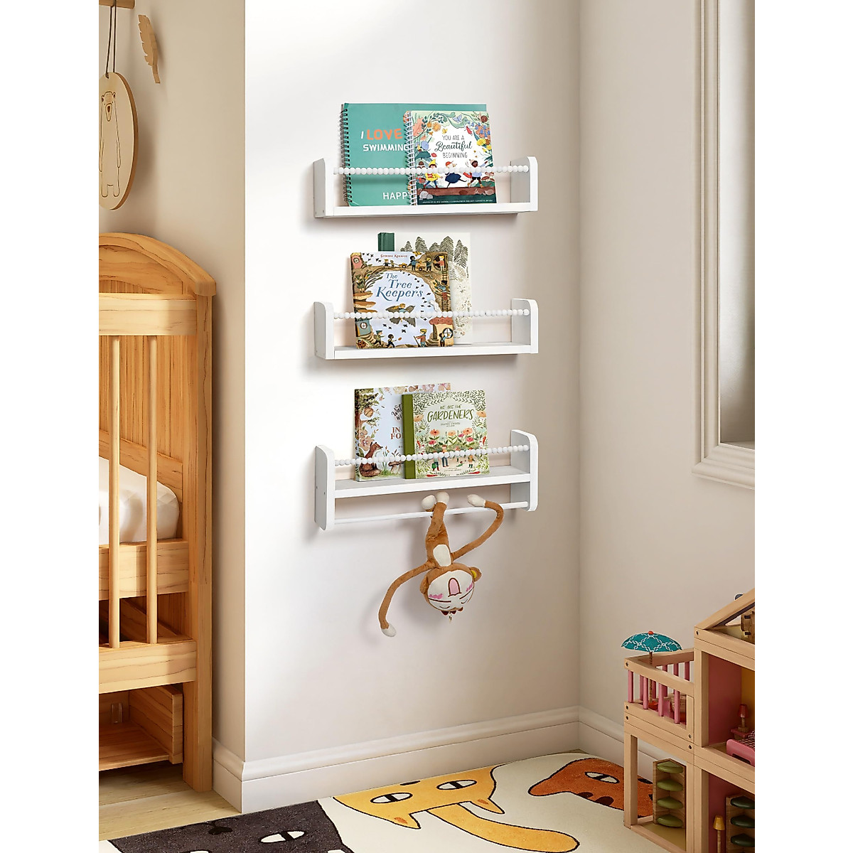 Maxpeuvon Nursery Bookshelves Set of 3, Natural Wood Nursery Floating Shelves Wall Mount Storage Shelf with Towel Bar Hainging Bookshelf for Kids Room Bedroom Nursery Decor