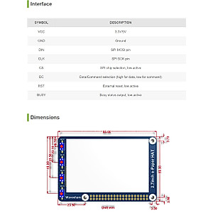 waveshare 2.7inch E-Ink Display HAT Compatible with Raspberry Pi 4B/3B+/3B/2B/B+/A+/Zero/Zero W/WH/Zero 2W Series Boards 264x176 Resolution SPI Interface