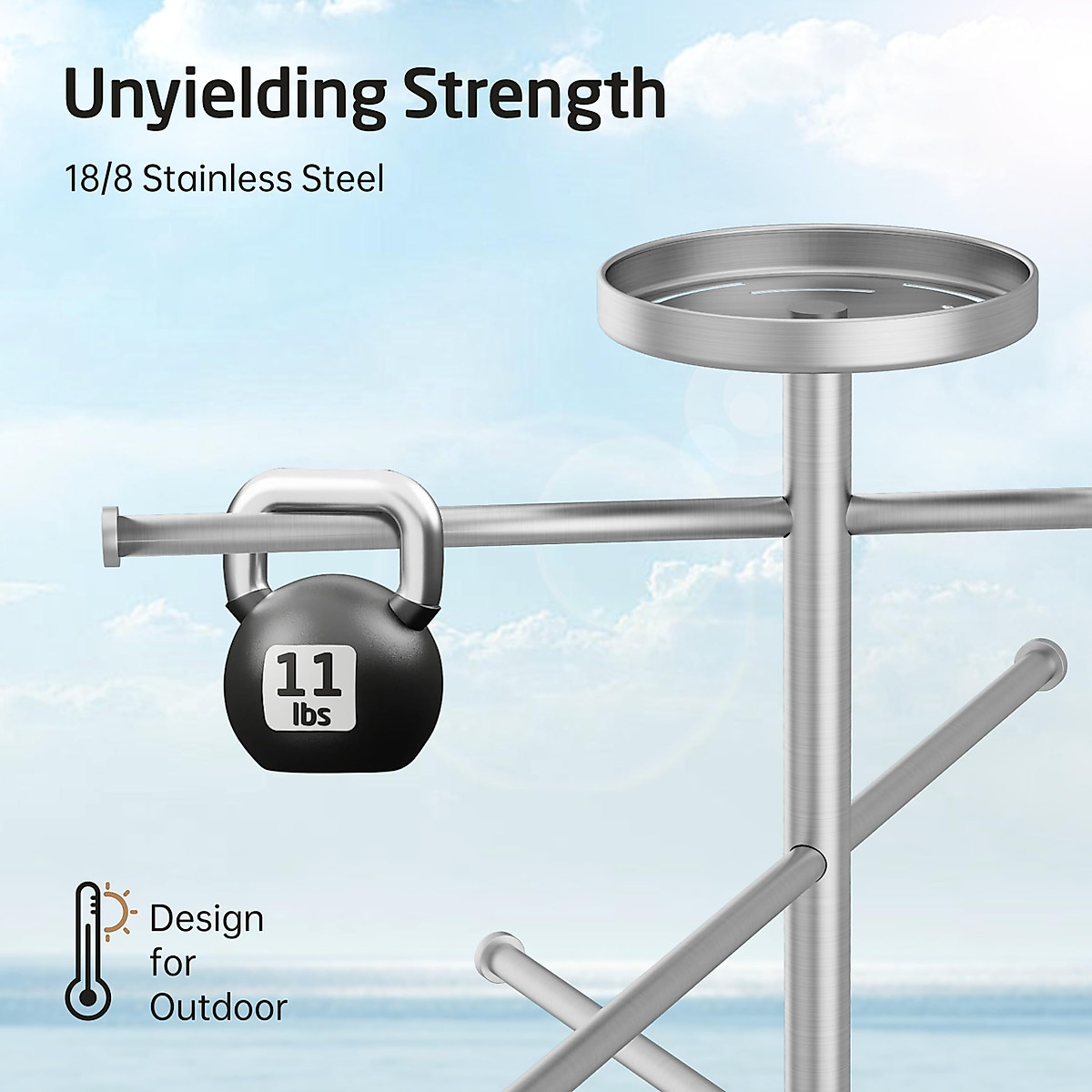 Natural Marble Outdoor Towel Rack with Weighted Base, KES 5-feet Outdoor Towel Rack for Hot Tub 18/8 Stainless Steel, Adjustable 3 Arms with Storage Tray, Brushed Finish OTR200-2