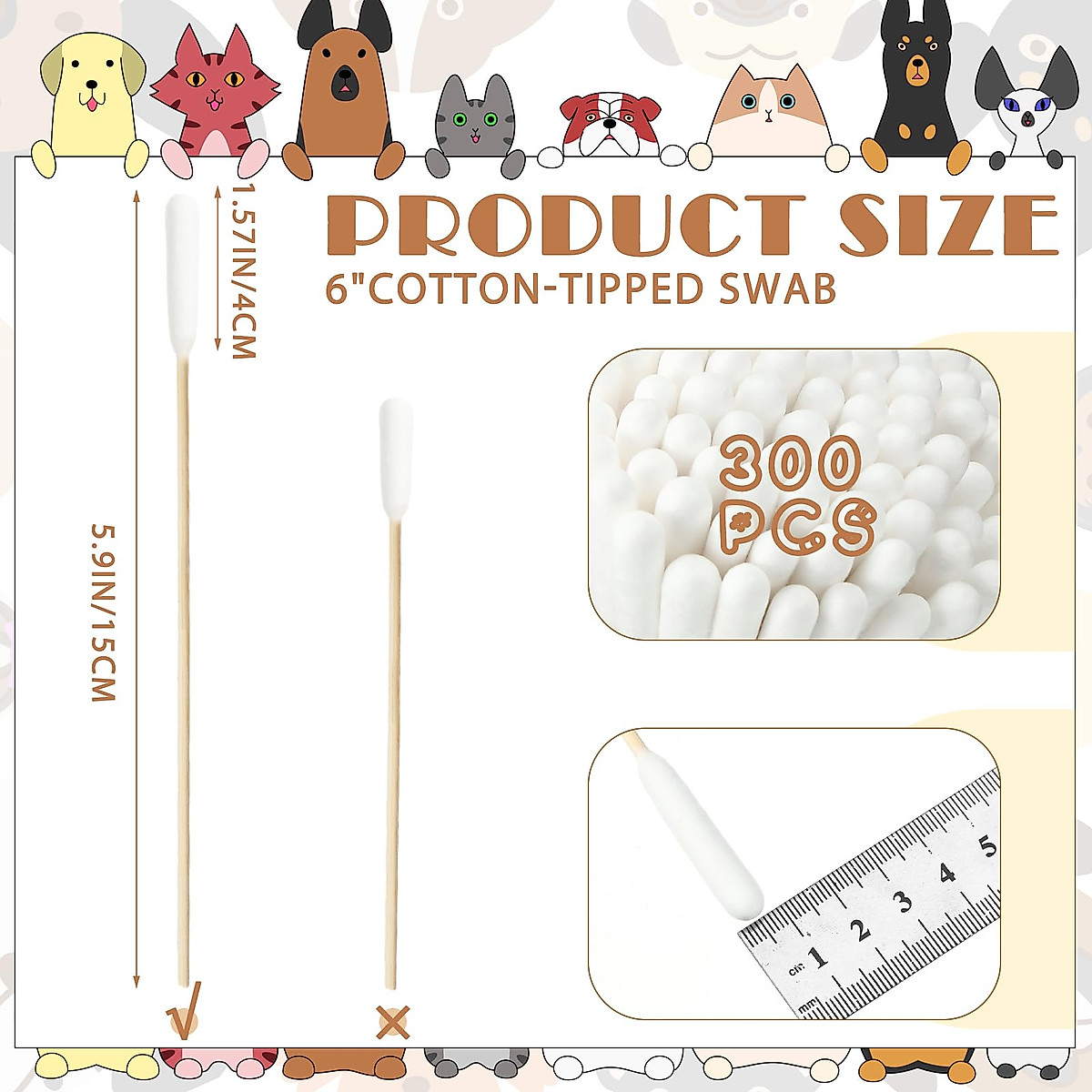 Sweetude 500 Pcs 6 Inch Dog Ear Cotton Swabs Long Cotton Swabs Pet Cotton Swabs Pets Ear Cleaner Swabs with Long Bamboo Handle for Dogs Cats Ear Cleaning Supply for Puppies and Pets