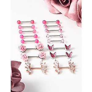 Msndnkwo Nipple Rings for Women Nipple Piercing Jewelry 14G Surgical steel Cubic zircon 14mm Silver/Pink/Purple/Rose Gold 8 Pairs Barbell Body Piercing Jewelry