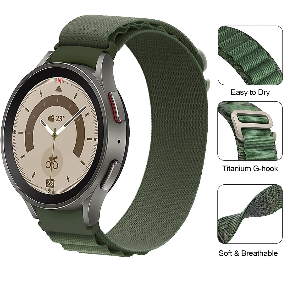 Alpine Loop Nylon Bands for Samsung Galaxy Watch 6/5/4 40mm 44mm Band/6 Classic 43mm 47mm Band/5 Pro Band 45mm/4 Classic 42mm 46mm Band, with Titanium G-Hook Men Women(Army Green + Orange)