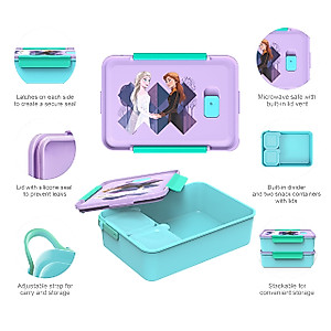 Zak Designs Disney Frozen 2 Reusable Plastic Bento Box with Leak-Proof Seal, Carrying Handle, Microwave Steam Vent, and Individual Containers for Kids' Packed Lunch (3 PCs Set, Anna & Elsa)