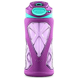 Zulu Torque 16oz Plastic Kids Water Bottle with Silicone Sleeve and Leak-Proof Locking Flip Lid and Soft Touch Carry Loop for School Backpack, Lunchbox, Outdoor Sports, Dishwasher Safe, Purple
