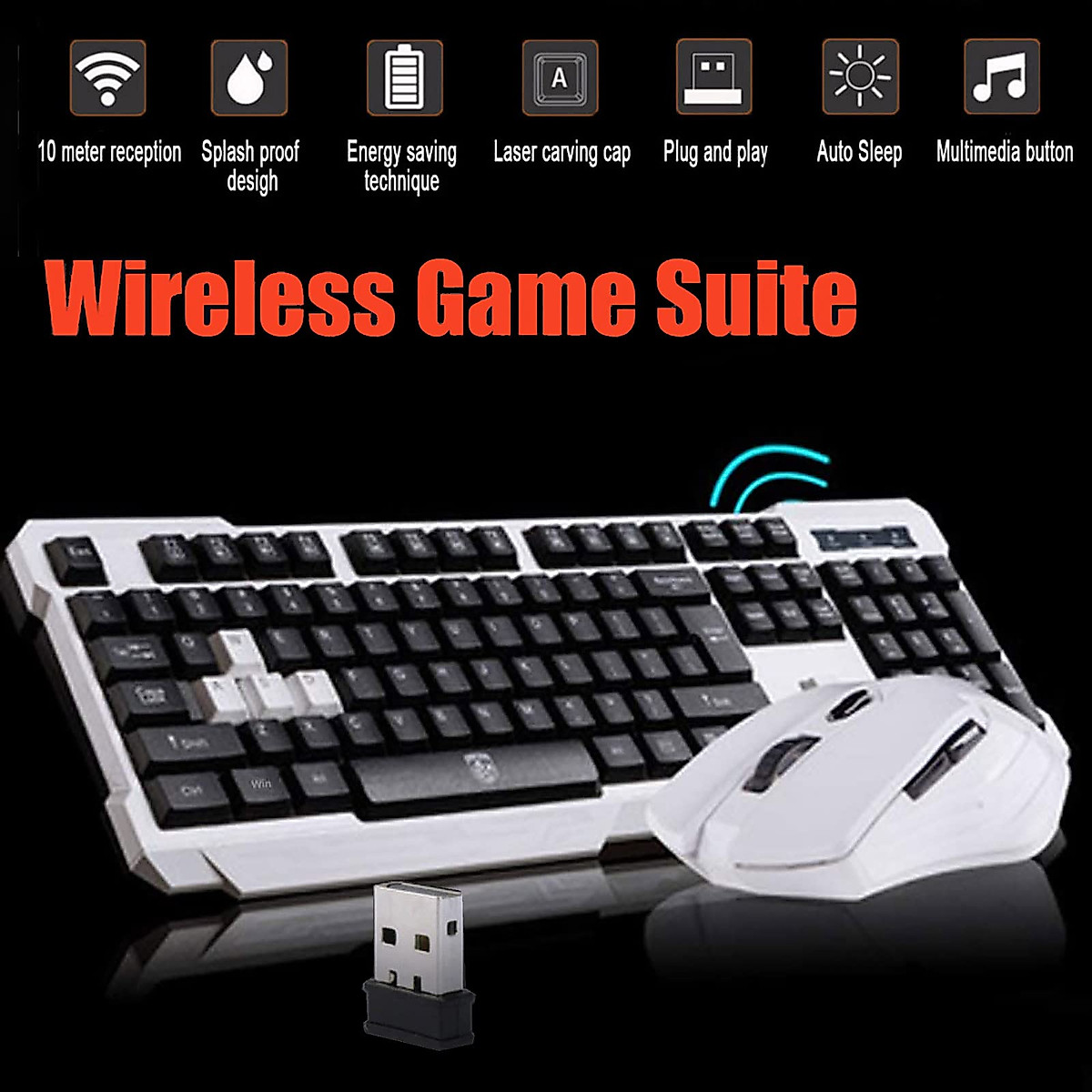 Wireless Keyboard and Mouse Combo, 2.4GHz Cordless USB Computer Keyboard Ergonomic Multimedia and Wireless Optical Mice Set for Home Office Study Gaming Use (White)