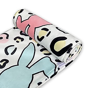 JUNJIELI Easter Blanket Spring Rabbit Easter Throw Blankets Colorful Eggs Flowers Flannel Bunny Ear Cozy&Soft Plush Fuzzy Snuggle Bed Sofa Camping Travel 50"x60"
