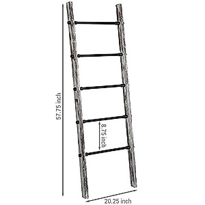 MyGift Urban Rustic Torched Wood Blanket Ladder Decor with 5 Industrial Metal Rungs, 5 Foot Wall Leaning Towel Storage Rack