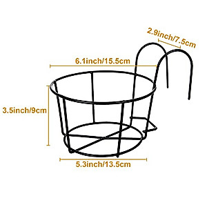 6 Pcs Round Hanging Railing Planters Basket, Metal Flower Pot Holder, Planter Potted Stand Iron Rack Fence Support Stand Shelf with Detachable Hook for Balcony, Garden, Indoor and Outdoor, Black
