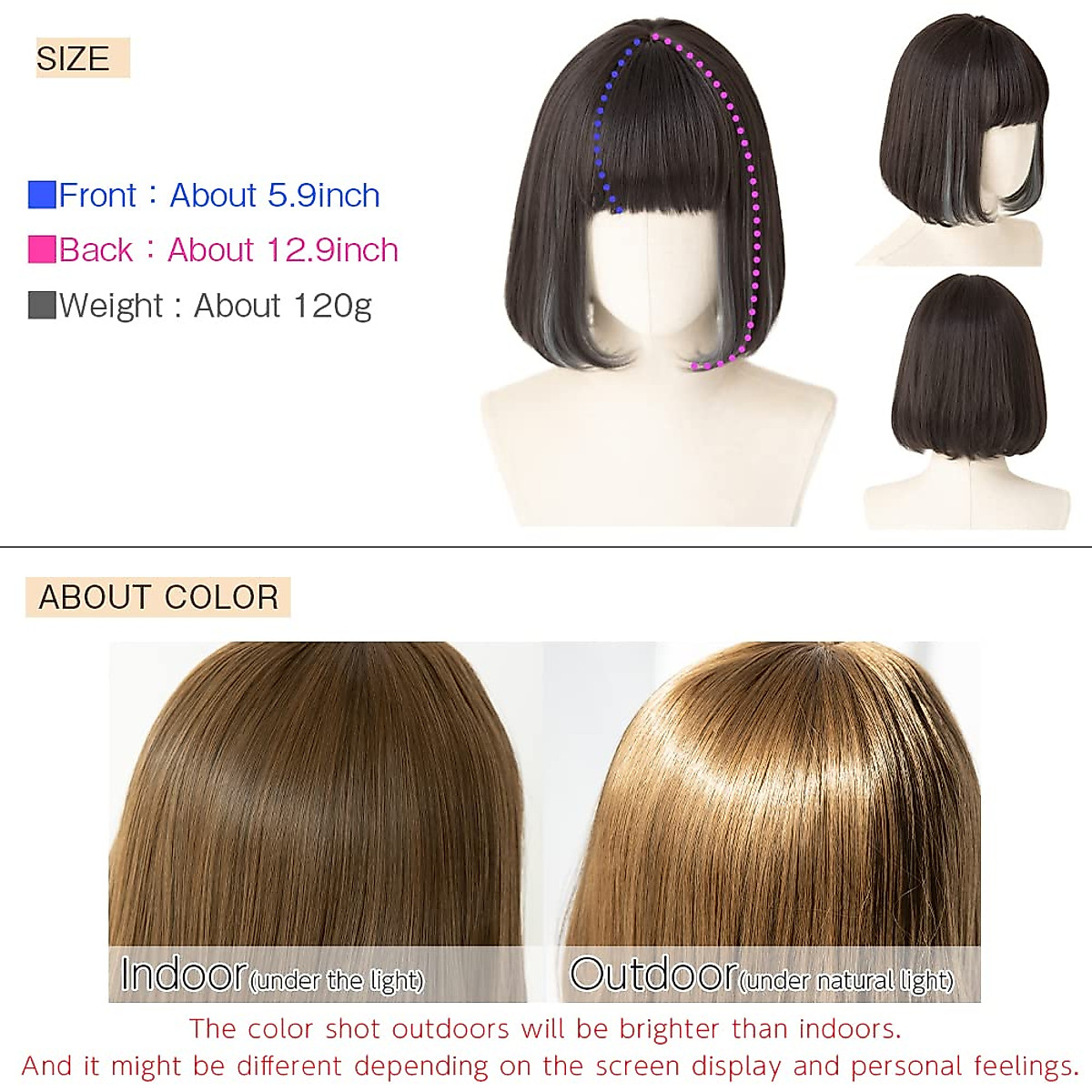 ブライトララ BRIGHT LELE Nature Full Short Straight Bob Hair With Natural Bangs Wigs for Woman Synthetic Hair Wig for Daily Party Cosplay Wig HF1443-RC