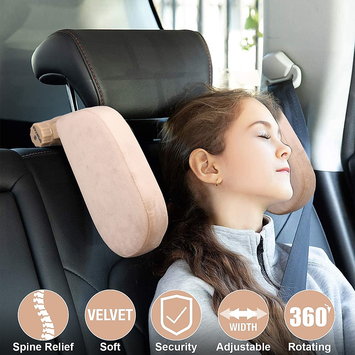 Spurtar Car Headrest Pillow, Road Pal Headrest Travel Pillow, Soft Velvet Adjustable Car Seat Headrest Pillow Head Neck Support, Memory Foam Headrest for Car, for Kids and Adults, Beige
