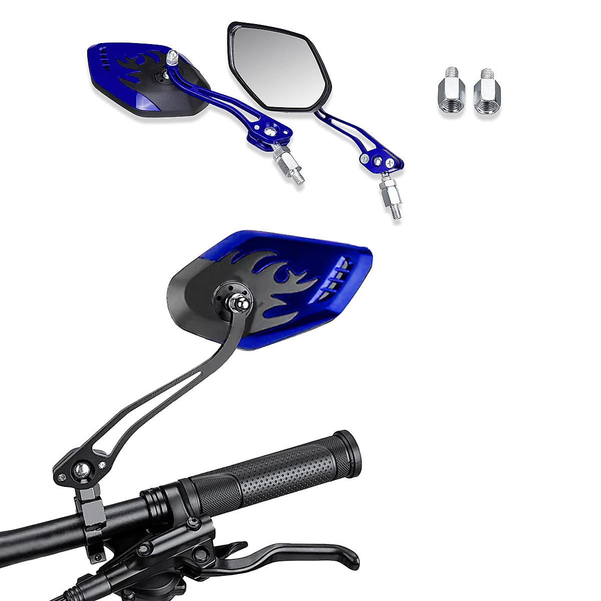 1Pair Universal Motorcycle Mirrors, Motocycle Rear View Mirrors, Adjustable Side Mirror, Motorcycle Mirrors for Handlebars, Aluminum Flame Pattern Rear View Mirrors with 8mm/10mm Screws (Blue)