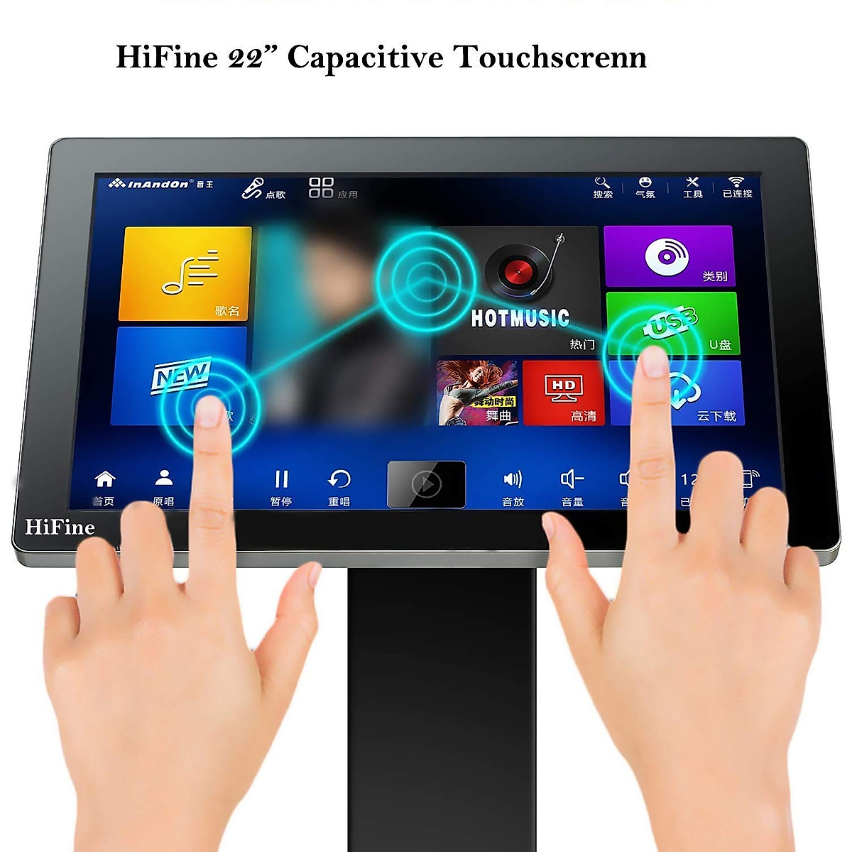 New Generation HiFine Karaoke System: KV-V5Max Smart Karaoke Player with 2T Harddrive, HiFine 22" Touch Screen, Cloud Song Download, Android Live TV and Movies Online.