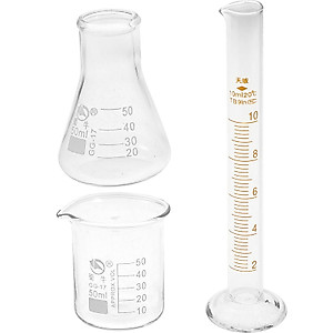 iplusmile 3pcs Lab Measuring Cylinder and Beakers Set 10ml Glass Lab Test Tube 50ml Glass Graduated Beakers Flask Measuring Cup Liquid Container Laboratory Supplies